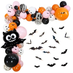 halloween balloon arch garland kit, 18" 10" 5" orange pink black balloons with big bat balloons 3d pvc bat stickers for halloween party decorations halloween decorations outdoor