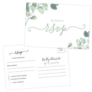 your main event prints 50 eucalyptus rsvp postcards for wedding - greenery response cards - perfect for bridal shower, rehearsal dinner, engagement party, baby shower