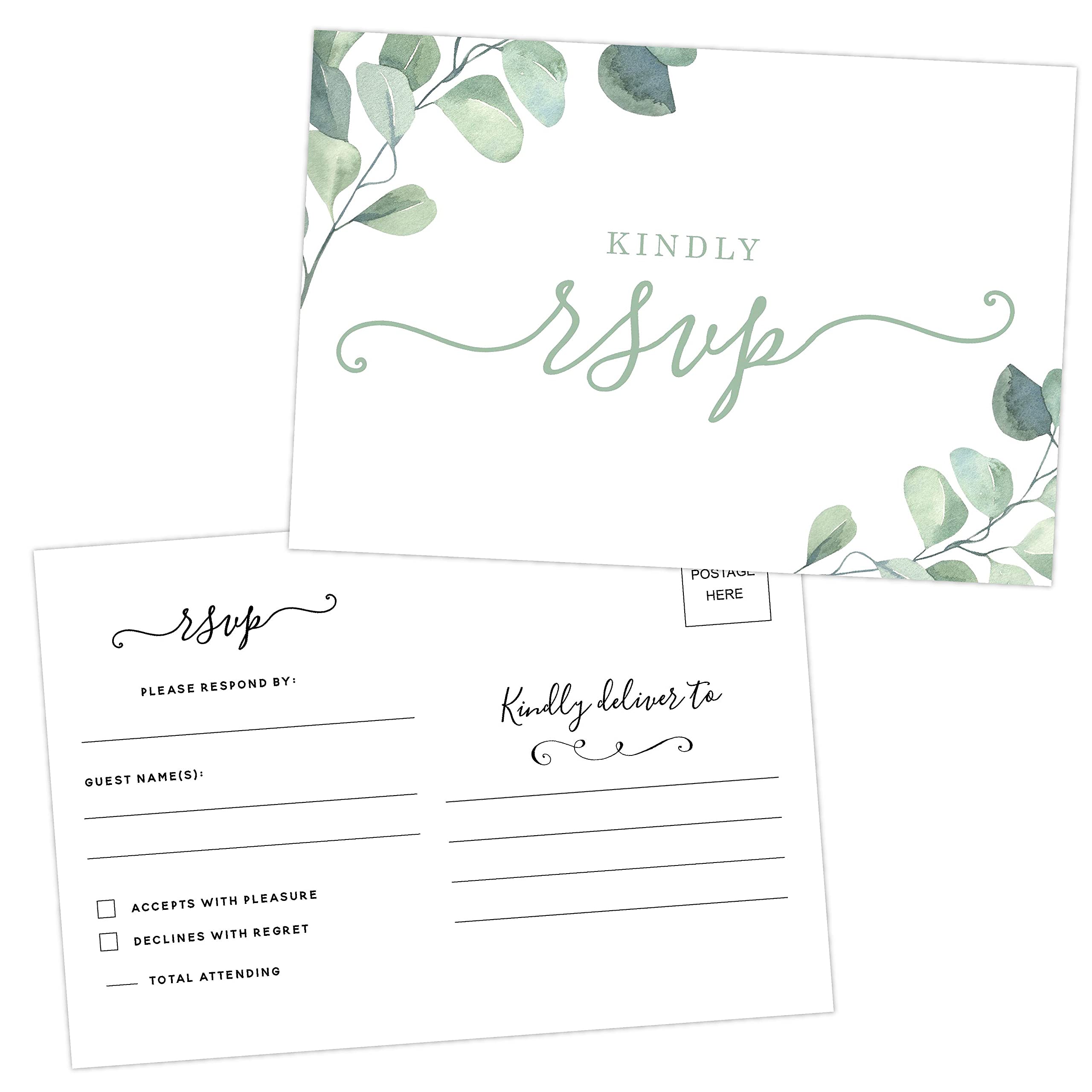 Your Main Event Prints 50 Eucalyptus RSVP Postcards for Wedding - Greenery Response Cards - Perfect for Bridal Shower, Rehearsal Dinner, Engagement Party, Baby Shower