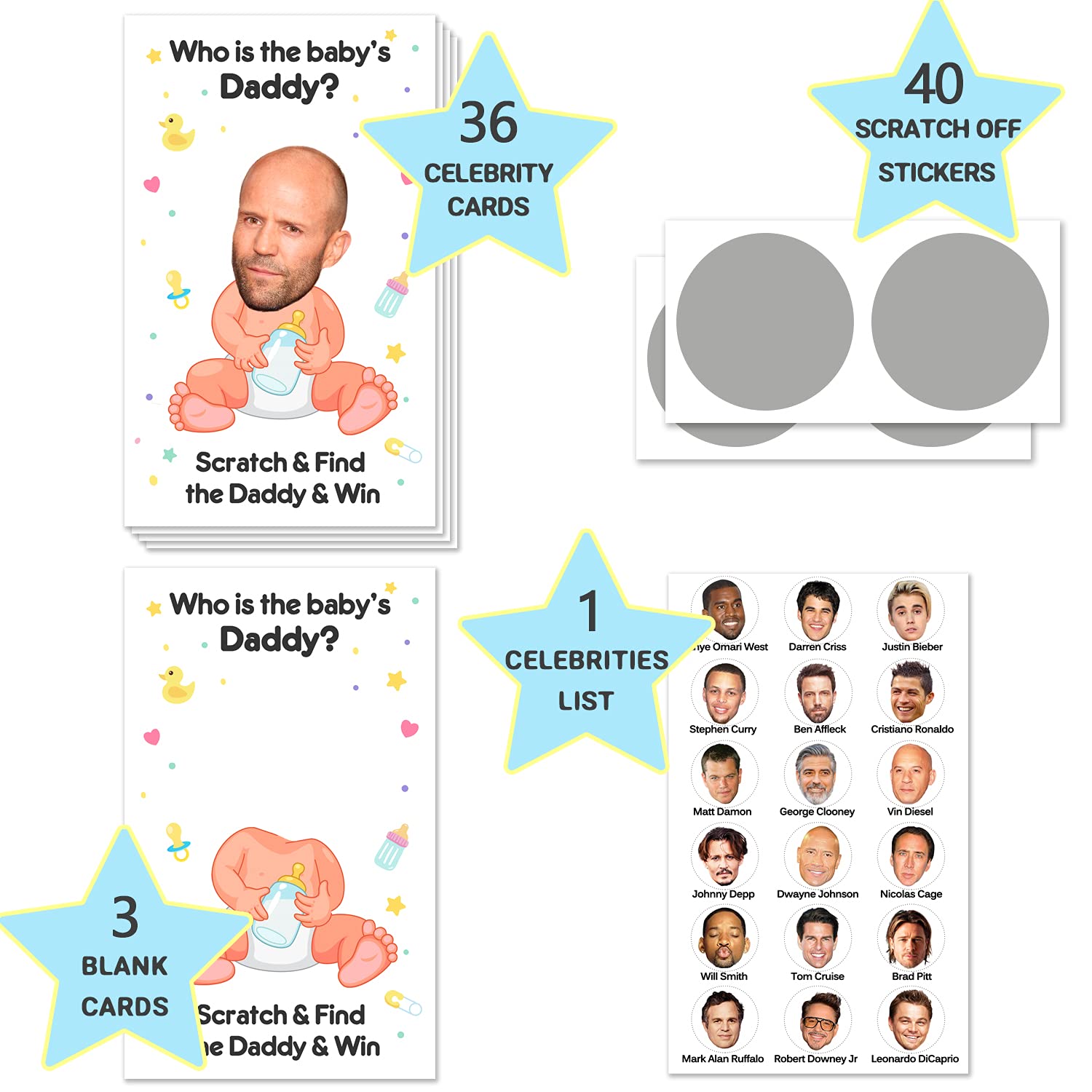 40 Cute Baby Shower Games - Scratch Off Lottery Ticket Raffle Cards Baby Shower Game - Funny Baby Shower Games - who is the baby's daddy - 40 Cards