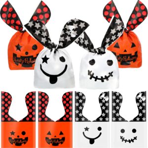 100 pieces halloween plastic bags candy bags orange pumpkin and white ghost trick or treat plastic bags for party favor, treats snacks halloween party supplies decoration