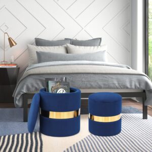 Joveco Round Velvet Storage Ottoman Set of 2 - Footrest Upholstered Footstool Side Table Seat Make Up Stool with Metal Band (Blue)