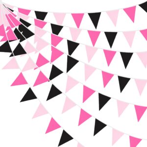 32ft rose hot pink black pennant banner fabric triangle flag cotton bunting garland for minnie mouse birthday wedding anniversary party home nursery outdoor garden hanging festivals decoration (36pcs)