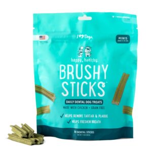 iheartdogs brushy sticks - dental treats for dogs removes plaque and tartar buildup - grain-free dog teeth cleaning chews made with chicken - 30 mini sticks