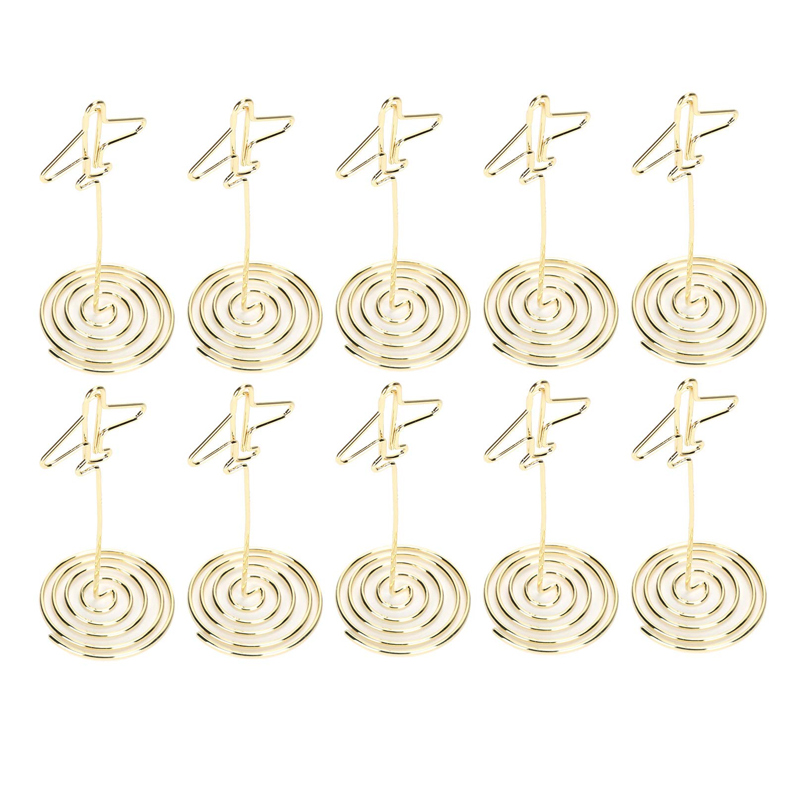 Cyrank 10pcs Table Number Holders, 3.9in Gold Place Card Holders Centerpieces Photo Holder Clips Wire Picture Clips Airplane Design Memo Note Photo Stand