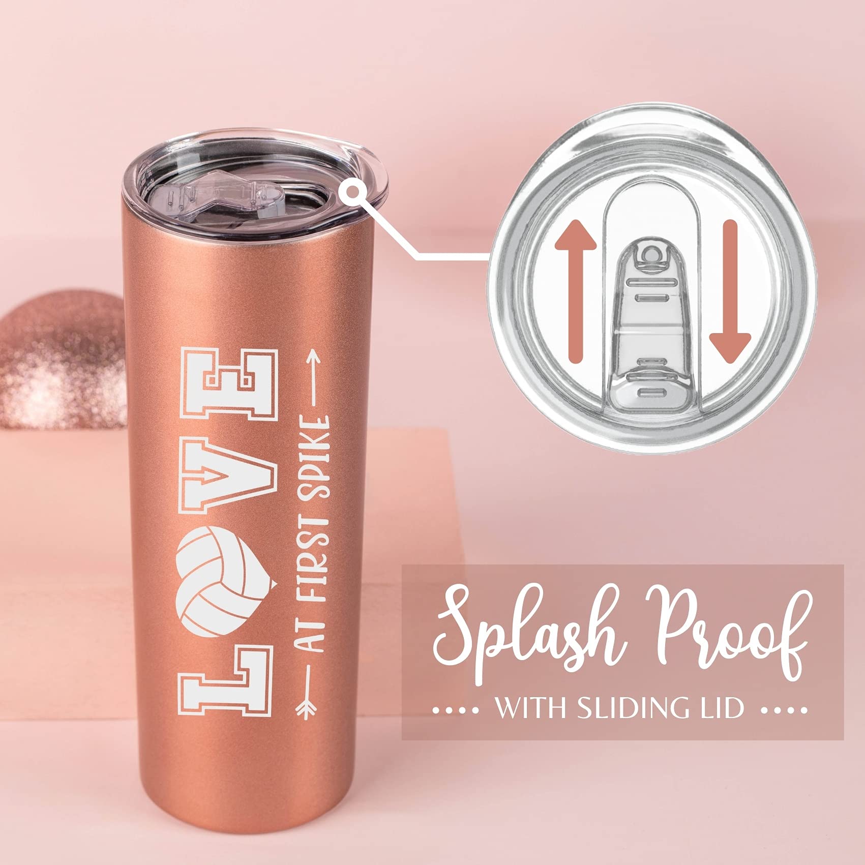 Onebttl Volleyball Gifts for Teen Girls & Team, Stainless Steel Kids Volleyball Tumbler, Double Wall Vacuum Insulated Bottle with Lid and Straw - RoseGold Love at first Spike