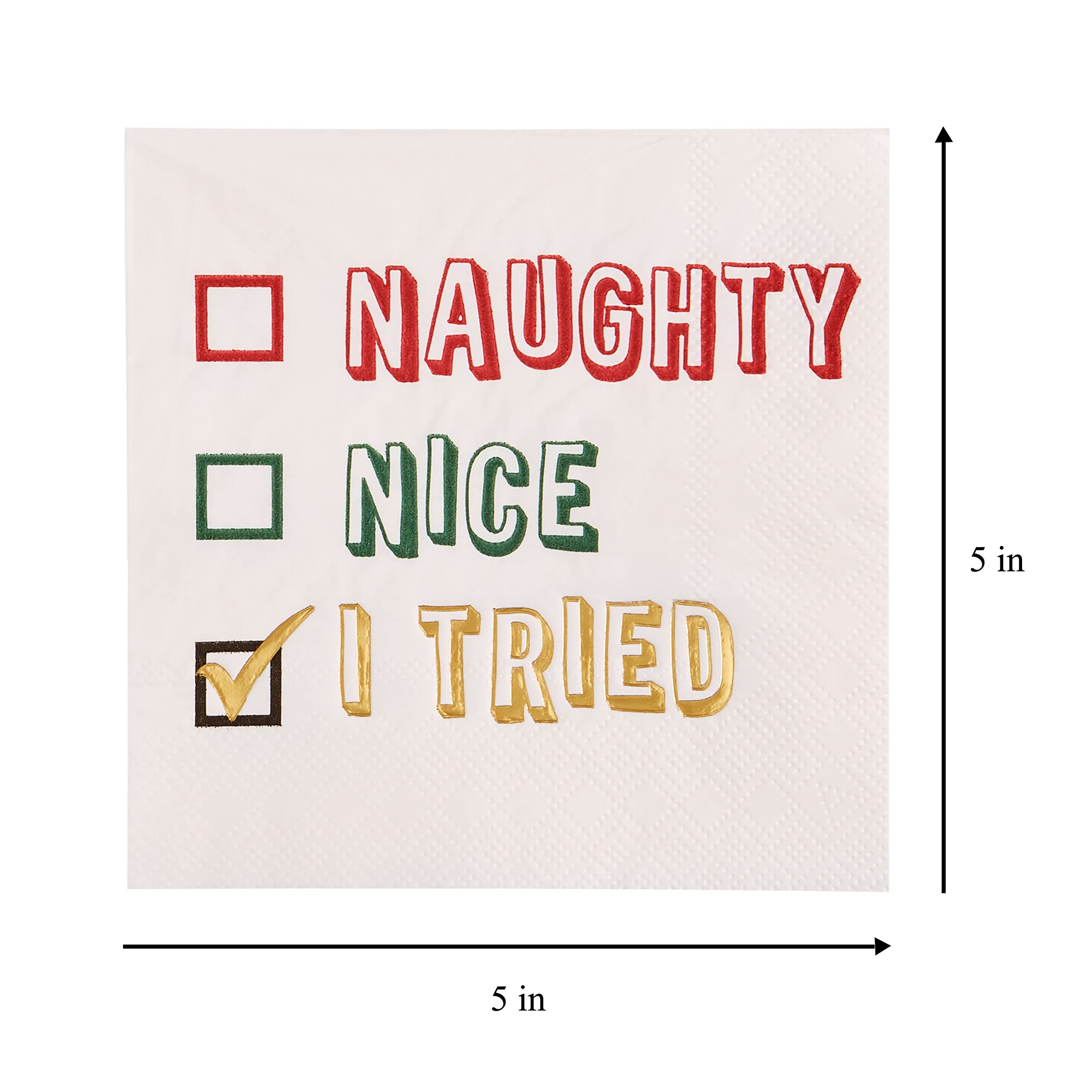 C.R. Gibson TW4-22630 Naughty or Nice Disposable Paper Cocktail Napkins for Christmas Parties, White, 5" x 5", 20pcs