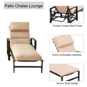 LOKATSE HOME Outdoor Adjustable Chaise Patio Steel Furniture Metal Lounge Chair with Cushion, Khaki