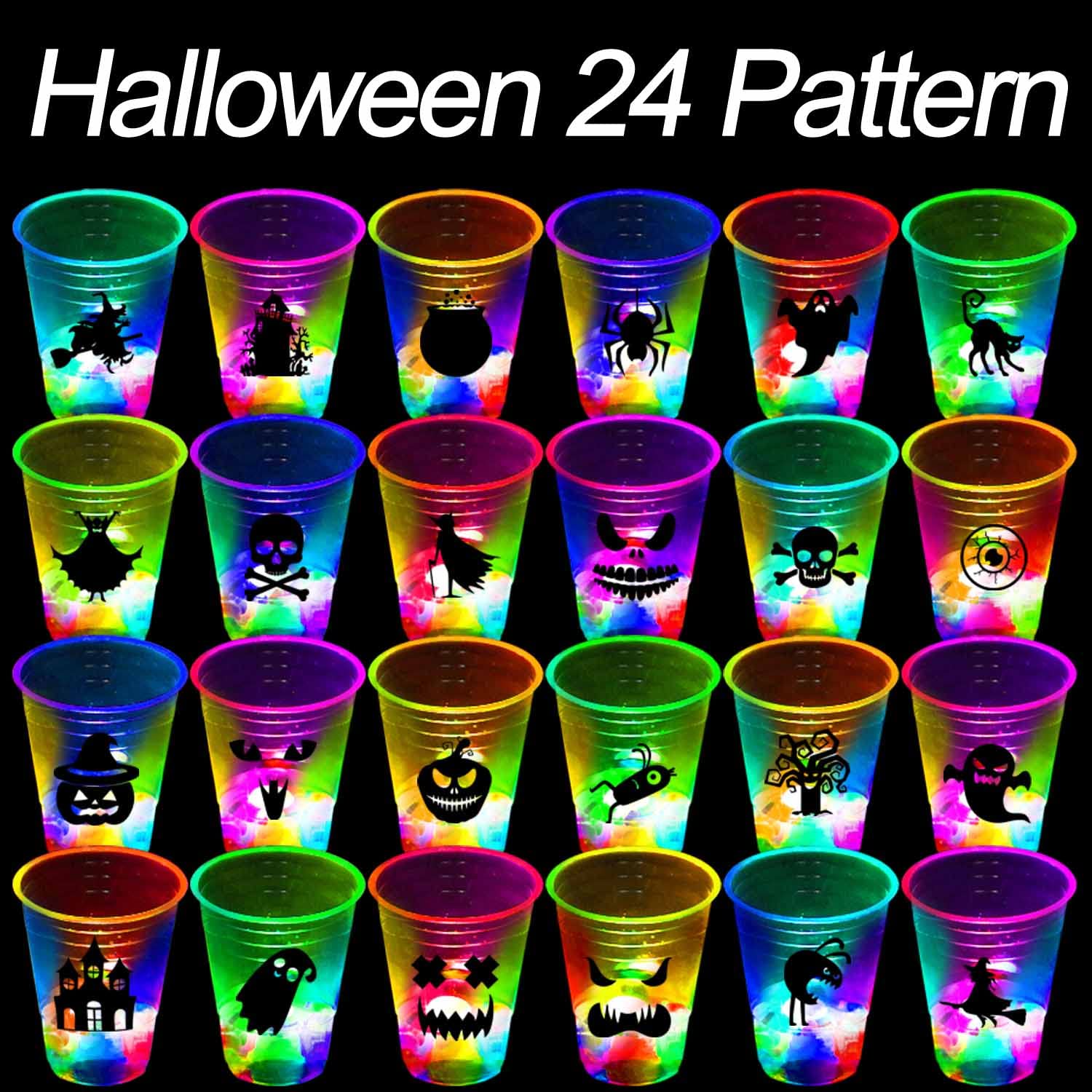 Ahuimeius 24 Pack Halloween Glow-in-The-Dark Cup Set with Horror Stickers for Party Decorations Event Fun, Glow Halloween Party Cups, House Parties Birthdays Concerts BBQ Beach Holidays