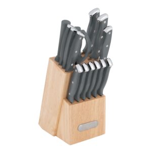 Farberware Triple Riveted Knife Set High-Carbon Stainless Steel Blades, Ergonomic Handles with Silver Accents, Includes Rubber Wood Storage Block, 15 piece, Gray