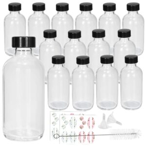 15 pack glass amber boston bottles with black poly cone cap, 4 oz round glass bottle for essential oil, perfume and liquid, contains 24 colored labels, 2 funnels, 1 brush