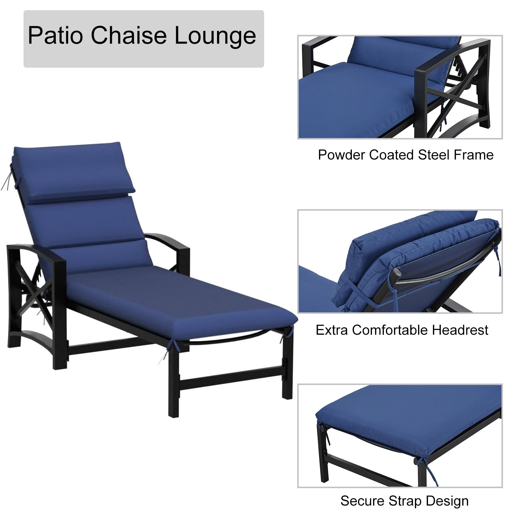 LOKATSE HOME Outdoor Adjustable Chaise Patio Steel Furniture Metal Lounge Chair with Cushion, Blue