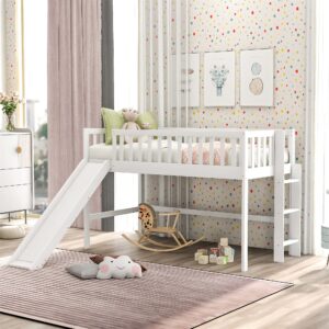 Harper & Bright Designs Twin Size Low Loft Bed with Slide, Wood Low Loft Bed for Kids, Girls, Boys (White)