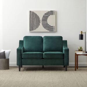 edenbrook jensen upholstered loveseat – green velvet loveseat - living room furniture - small loveseat- seats two - scoop arm modern couch - couches