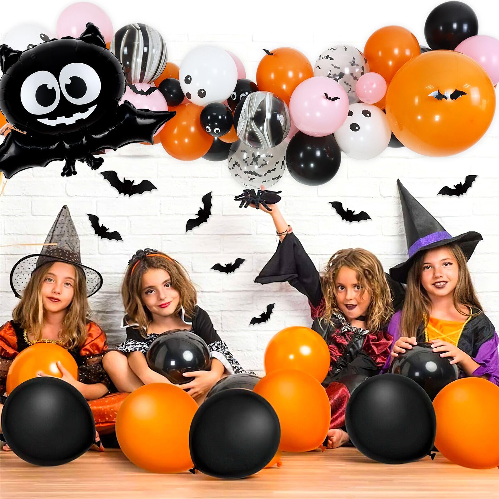 Halloween Balloon Arch Garland Kit, 18" 10" 5" Orange Pink Black Balloons with Big Bat Balloons 3D PVC Bat Stickers for Halloween Party Decorations Halloween Decorations Outdoor