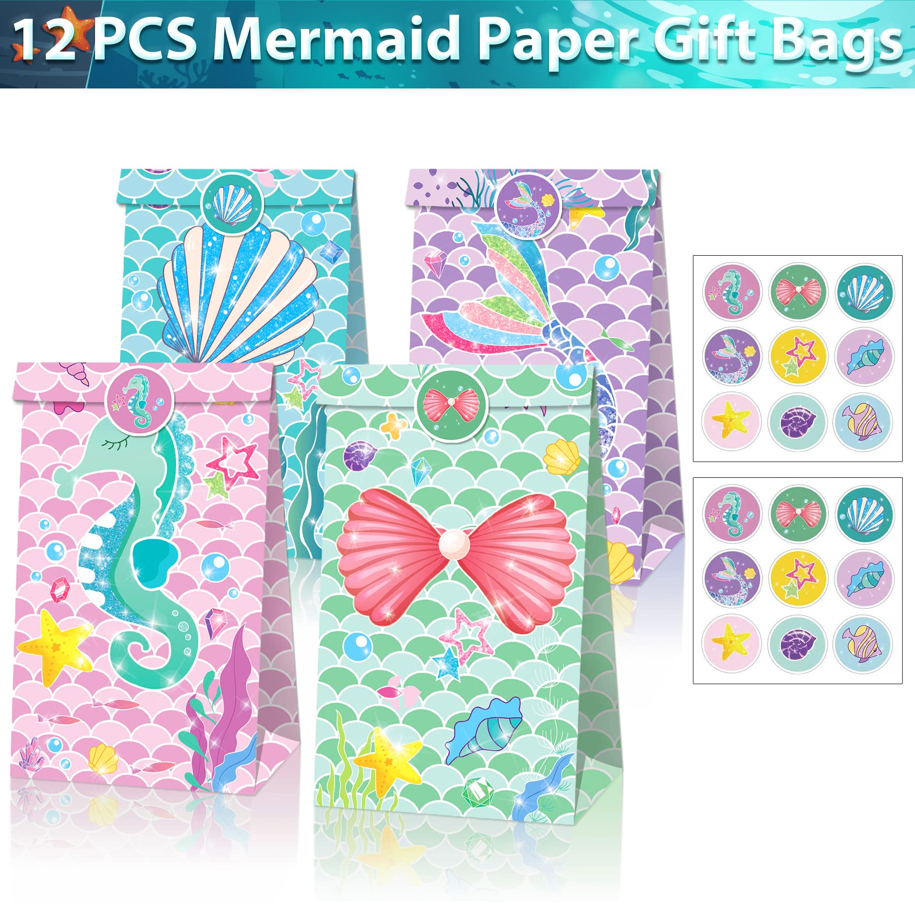 Mermaid Party Favor Set 92 PCS Princess Slap Bracelet Keychains Stickers Necklace Bubble Stick Gift Bags for Kids Girls Baby Shower Classroom Reward