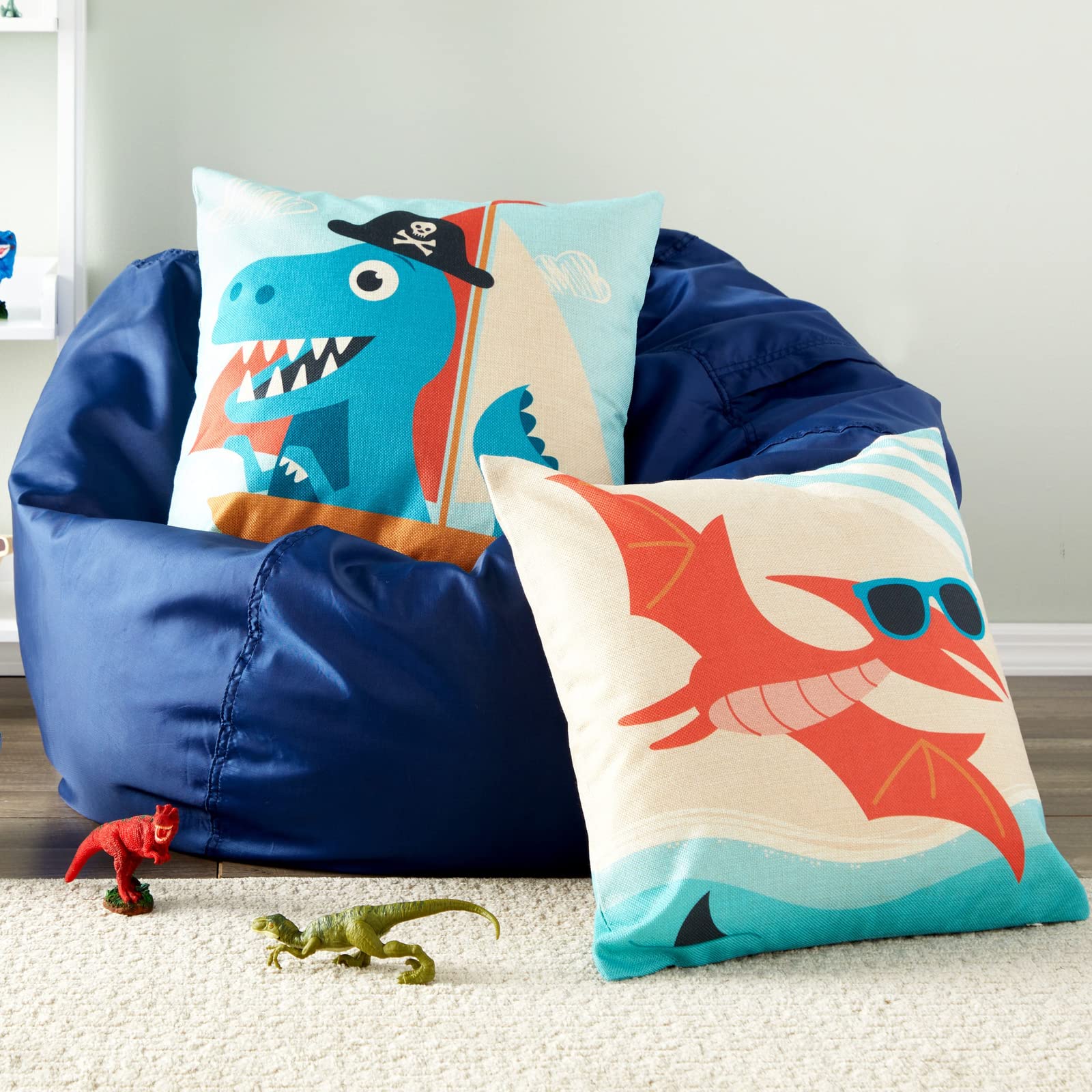 Juvale 4 Pack Dinosaur Decorative Kids Throw Pillow Cover, 4 Dinosaur Designs, T-Rex Themed, Pterodactyl, Triceratops, Brachiosaurus (18 x 18 in)