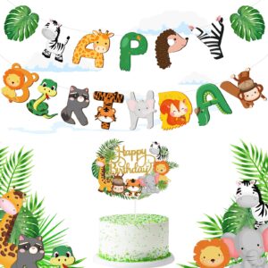 2 pieces safari animals happy birthday banner cupcake topper jungle theme birthday supplies, safari birthday decorations safari baby shower decorations for two wild theme party birthday party supplies