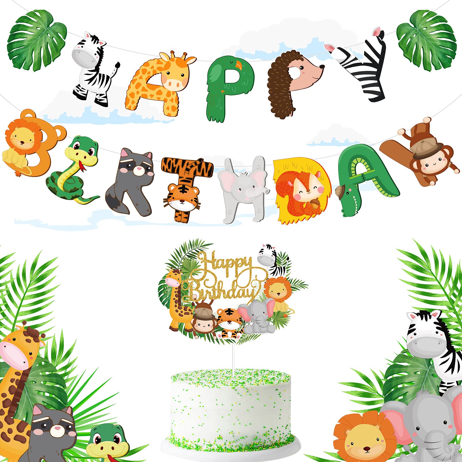 2 Pieces Safari Animals Happy Birthday Banner Cupcake Topper Jungle Theme Birthday Supplies, Safari Birthday Decorations Safari Baby Shower Decorations for Two Wild Theme Party Birthday Party Supplies