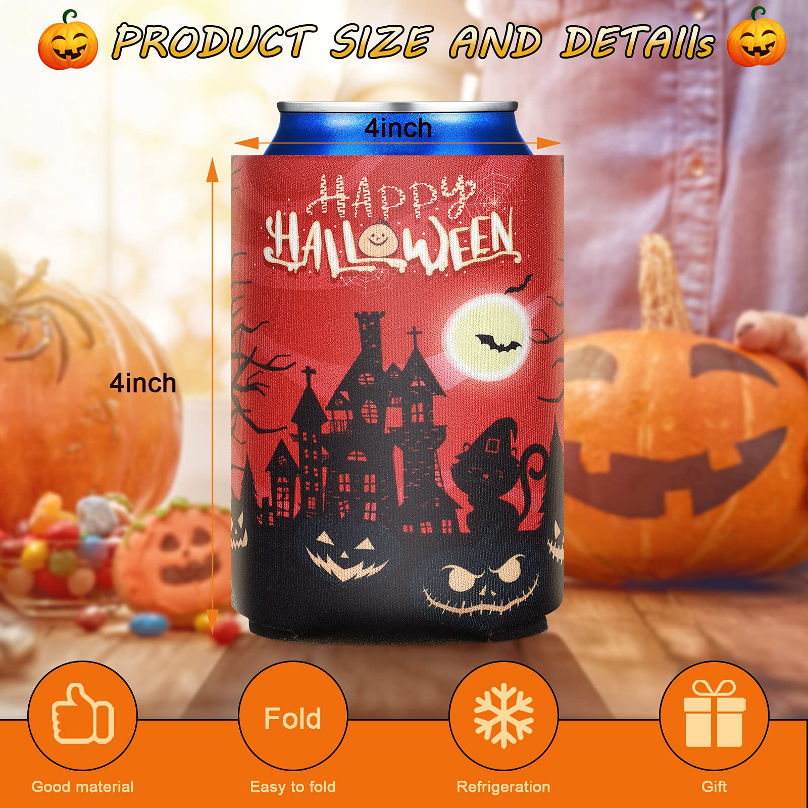 12 Pieces Halloween Can Cooler Sleeve Insulated Collapsible Can Sleeves Neoprene Beer Can Sleeves Reusable Can Coolers for Halloween Party Supplies 12 oz Cold Drinks Beer Can, 4 x 4 Inch