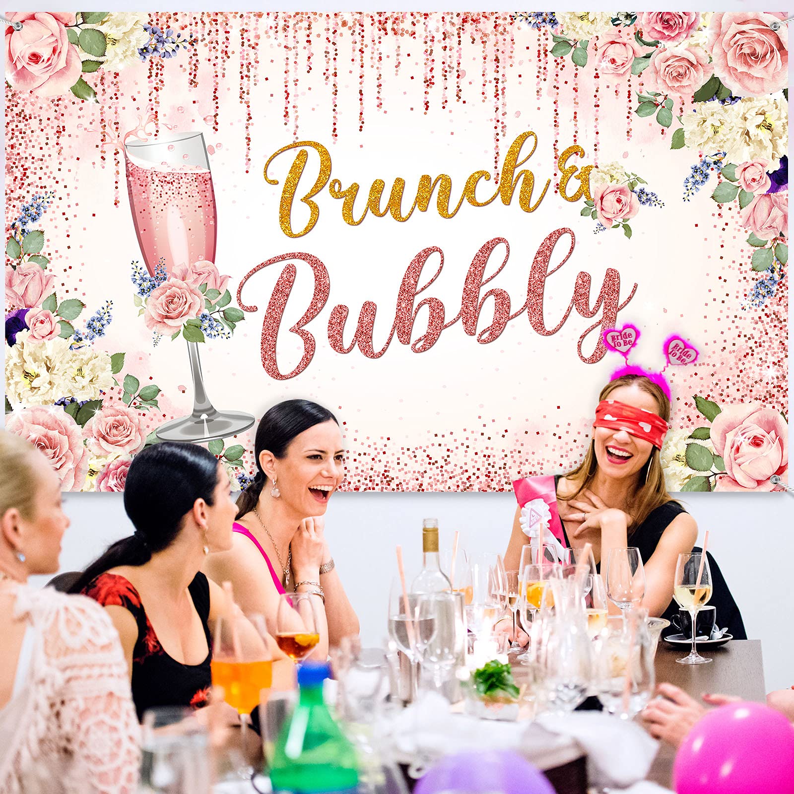 Tegeme Rose Gold Bridal Shower Brunch Backdrop Decoration 6 x 4 FT Bar Banner Pink Champagne Background for Wedding Bachelorette Birthday Party Supplies, Photo Booth Props Decor