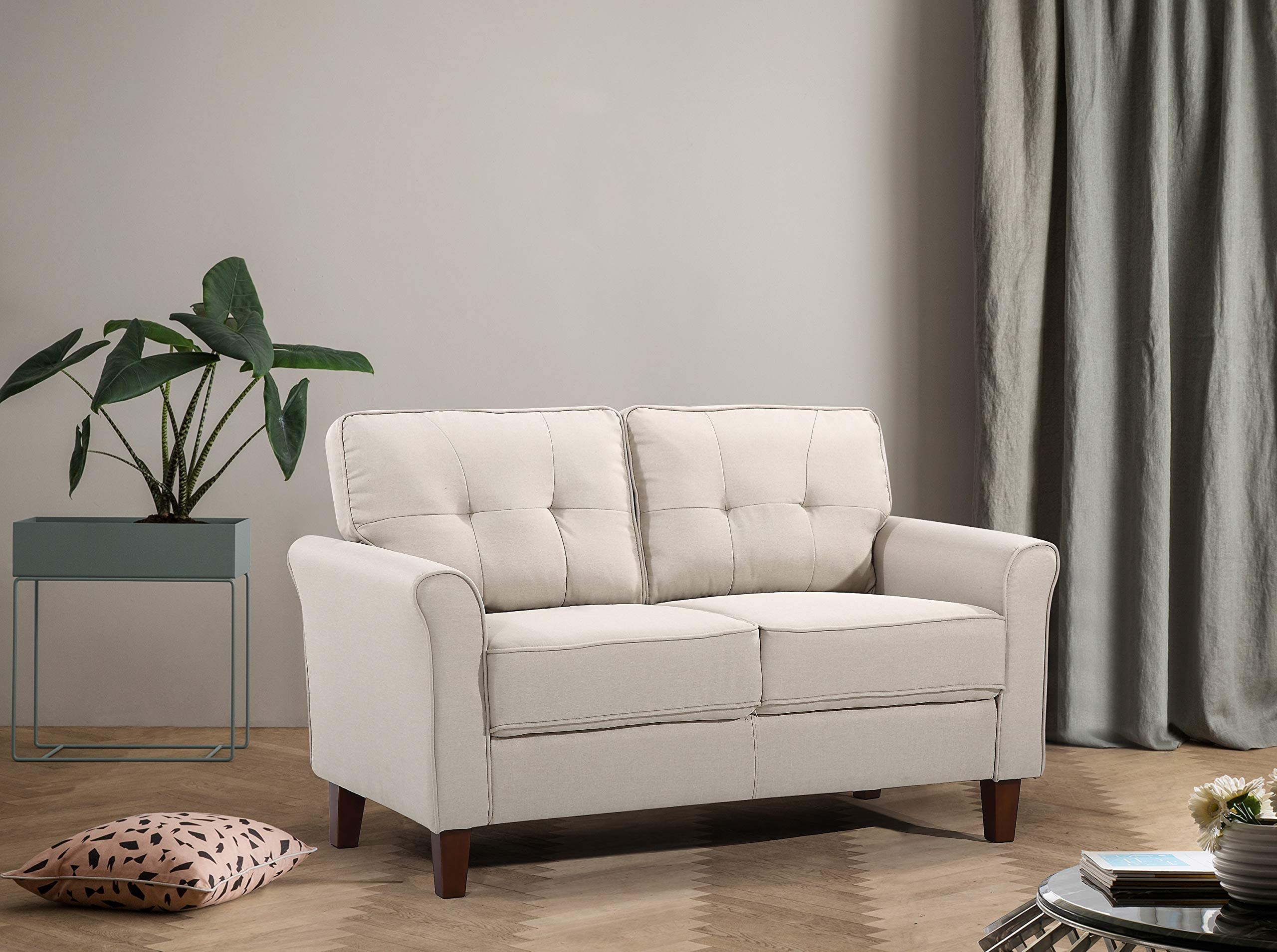 US Pride Furniture 55" Modern Loveseat with Soft-Cushioned Backrest, Piped Details & Tapered Wood Legs, 2 Seater Couch for Living Room, Bedroom or Office, Linen, Khaki Beige