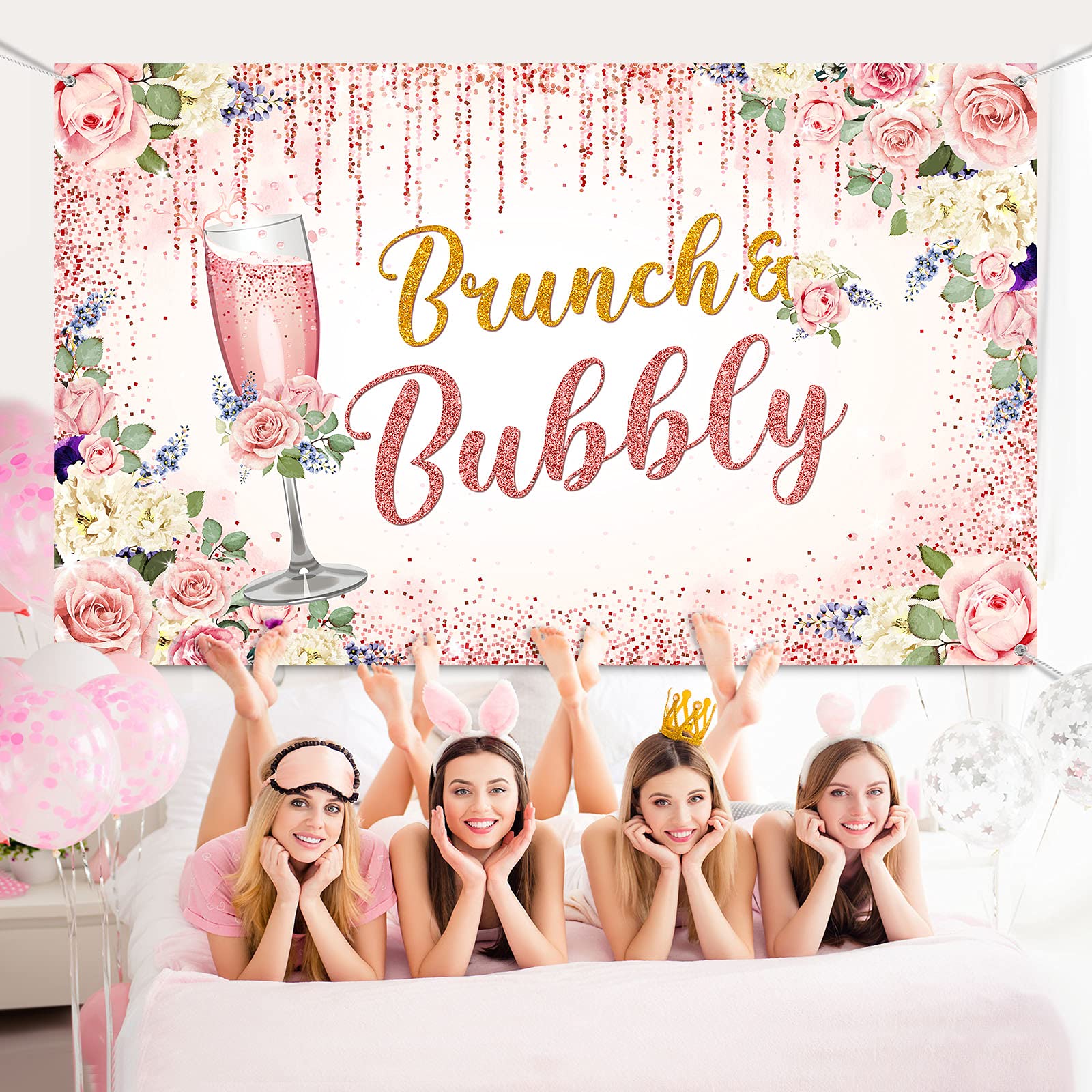 Tegeme Rose Gold Bridal Shower Brunch Backdrop Decoration 6 x 4 FT Bar Banner Pink Champagne Background for Wedding Bachelorette Birthday Party Supplies, Photo Booth Props Decor