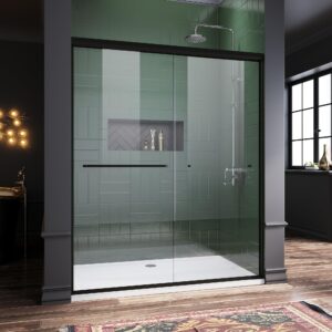 elegant semi-frameless sliding shower door 60 in. w x 72 in. h, bathroom sliding door with 1/4'' clear glass, black hardware double sliding glass shower enclosure