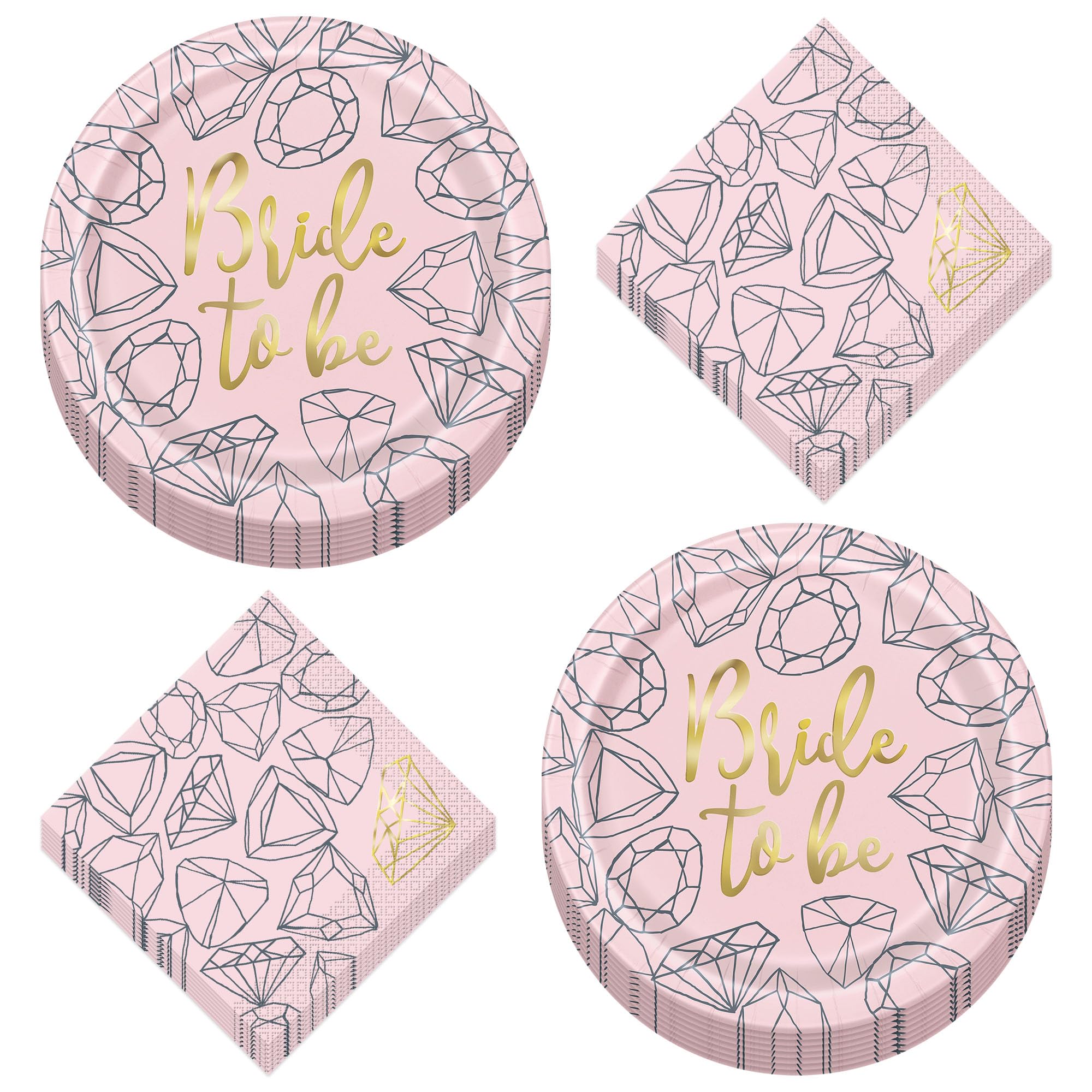 HOME & HOOPLA Pink & Gold Diamond Bride To Be Paper Dinner Plates and Luncheon Napkins (Serves 16)