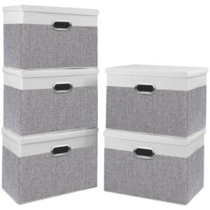 yawinhe storage bins with lids, decorative storage boxes comes with 2 metal handles, waterproof storage basket bins, closet storage containers, gray, 15''lx9.8''wx9.8''h, 5-pack