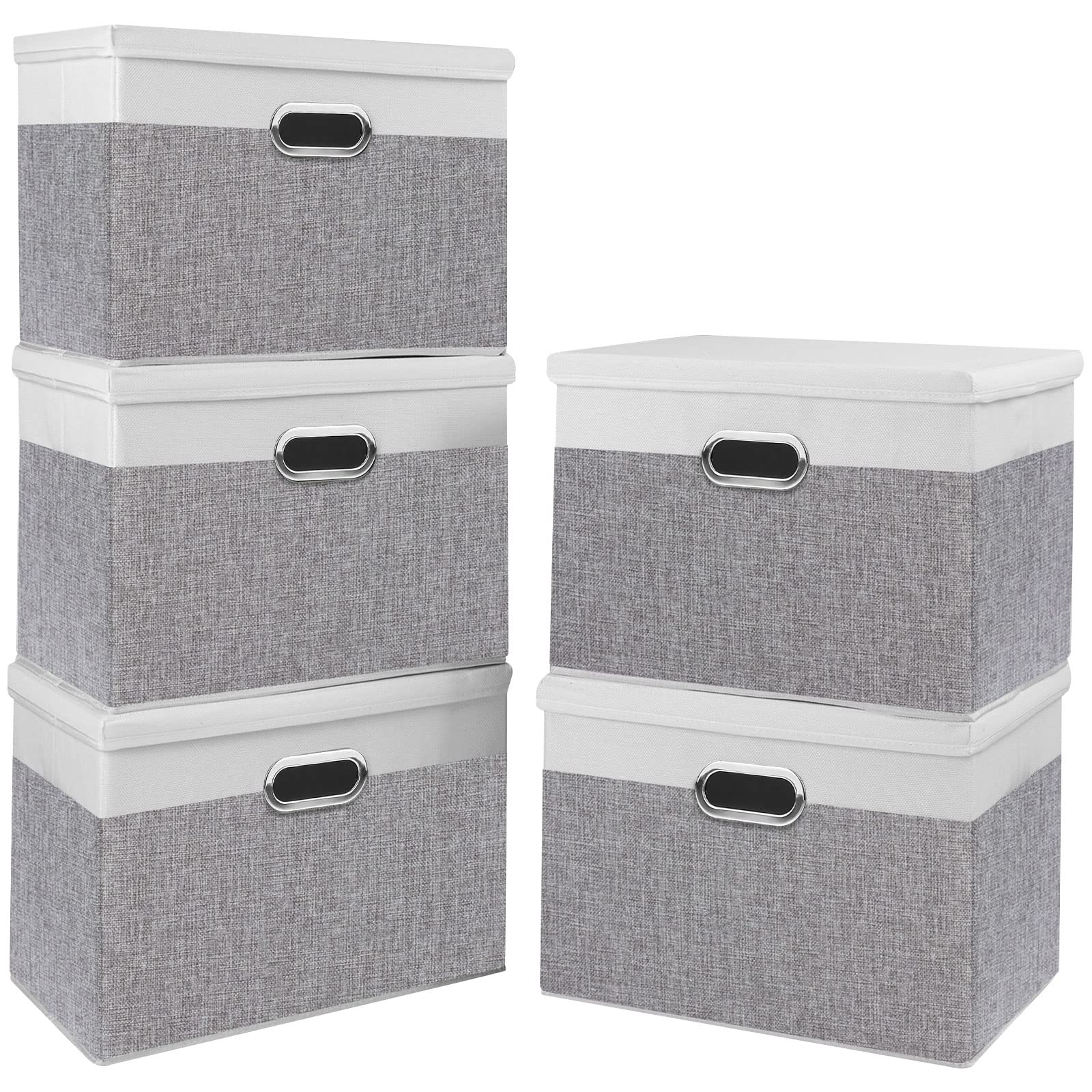 Yawinhe Storage Bins with Lids, Decorative Storage Boxes Comes with 2 Metal Handles, Waterproof Storage Basket Bins, Closet Storage Containers, Gray, 15''Lx9.8''Wx9.8''H, 5-Pack