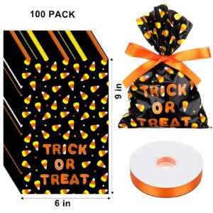 Tenare 100 Pcs Halloween Cellophane Treat Bags Plastic Goodie Candy Bags Corn Wrapped Gift Loot Bags with 22 Yards Ribbon for Trick Treating Class Parties Favor Crafts, 6 x 9 Inch