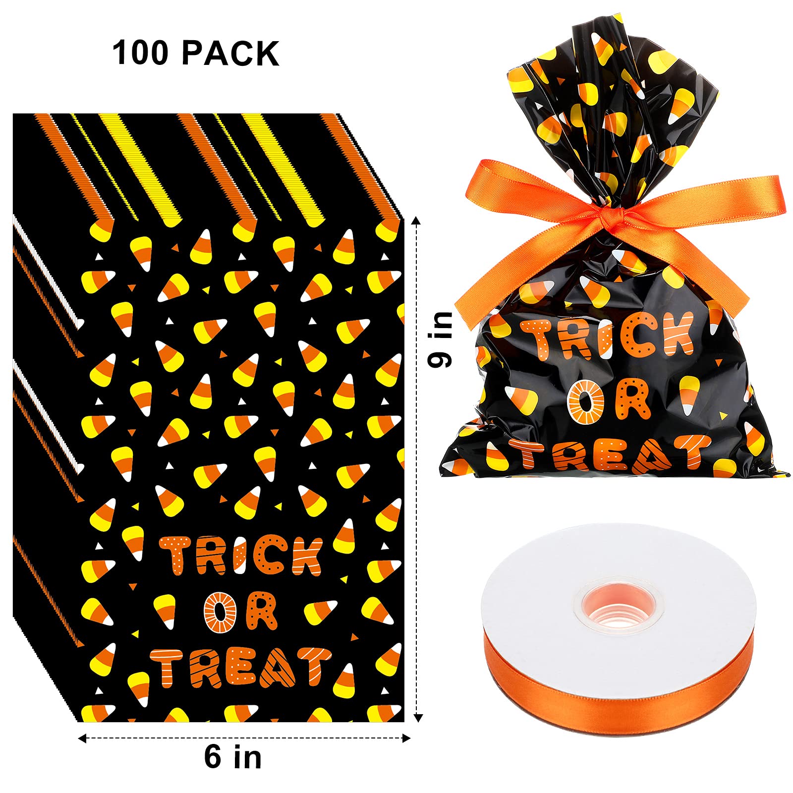 Tenare 100 Pcs Halloween Cellophane Treat Bags Plastic Goodie Candy Bags Corn Wrapped Gift Loot Bags with 22 Yards Ribbon for Trick Treating Class Parties Favor Crafts, 6 x 9 Inch