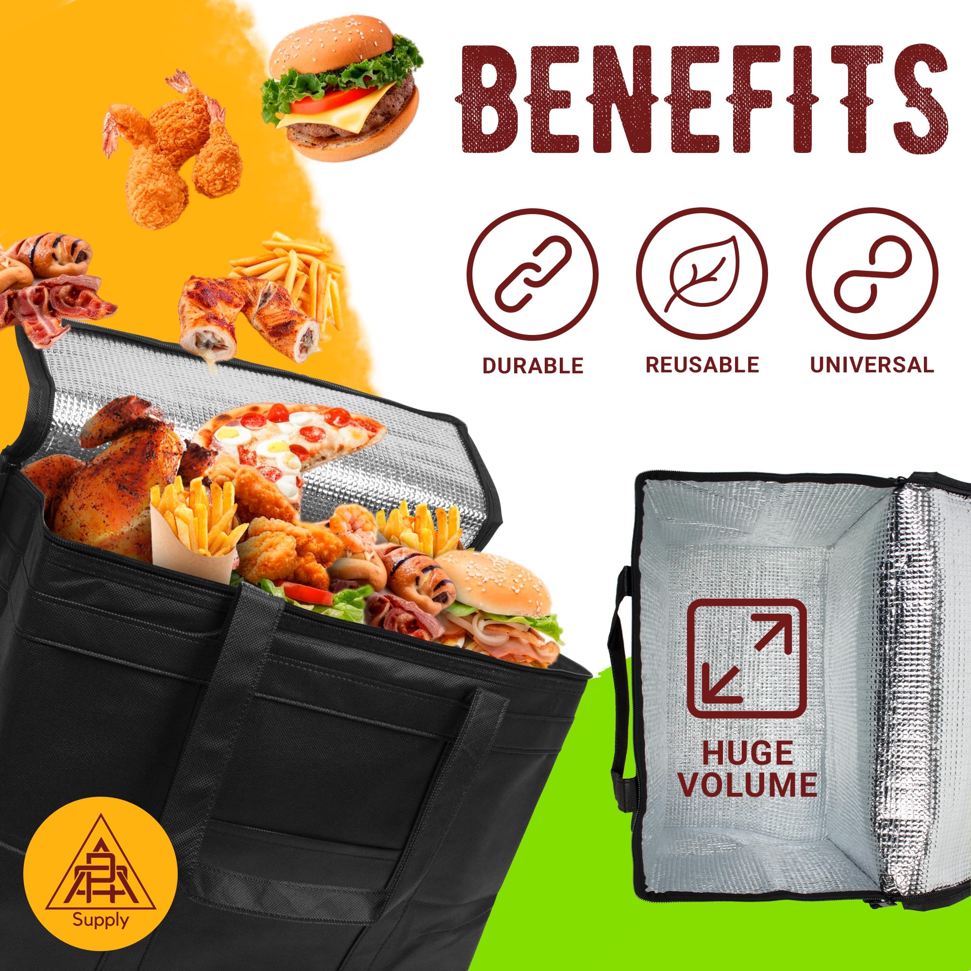 APQ Supply Black Insulated Food Delivery Bag 16 x 13 x 9 Inches, Insulated Grocery Bags with Zippered Top, Pack of 2 Heavy Duty Catering Bag for Food Deliveries, Insulated Bags for Food Delivery