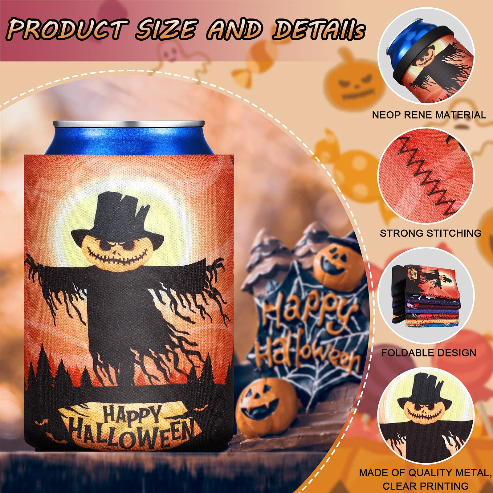 12 Pieces Halloween Can Cooler Sleeve Insulated Collapsible Can Sleeves Neoprene Beer Can Sleeves Reusable Can Coolers for Halloween Party Supplies 12 oz Cold Drinks Beer Can, 4 x 4 Inch