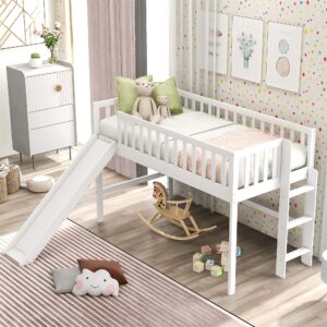 harper & bright designs twin size low loft bed with slide, wood low loft bed for kids, girls, boys (white)