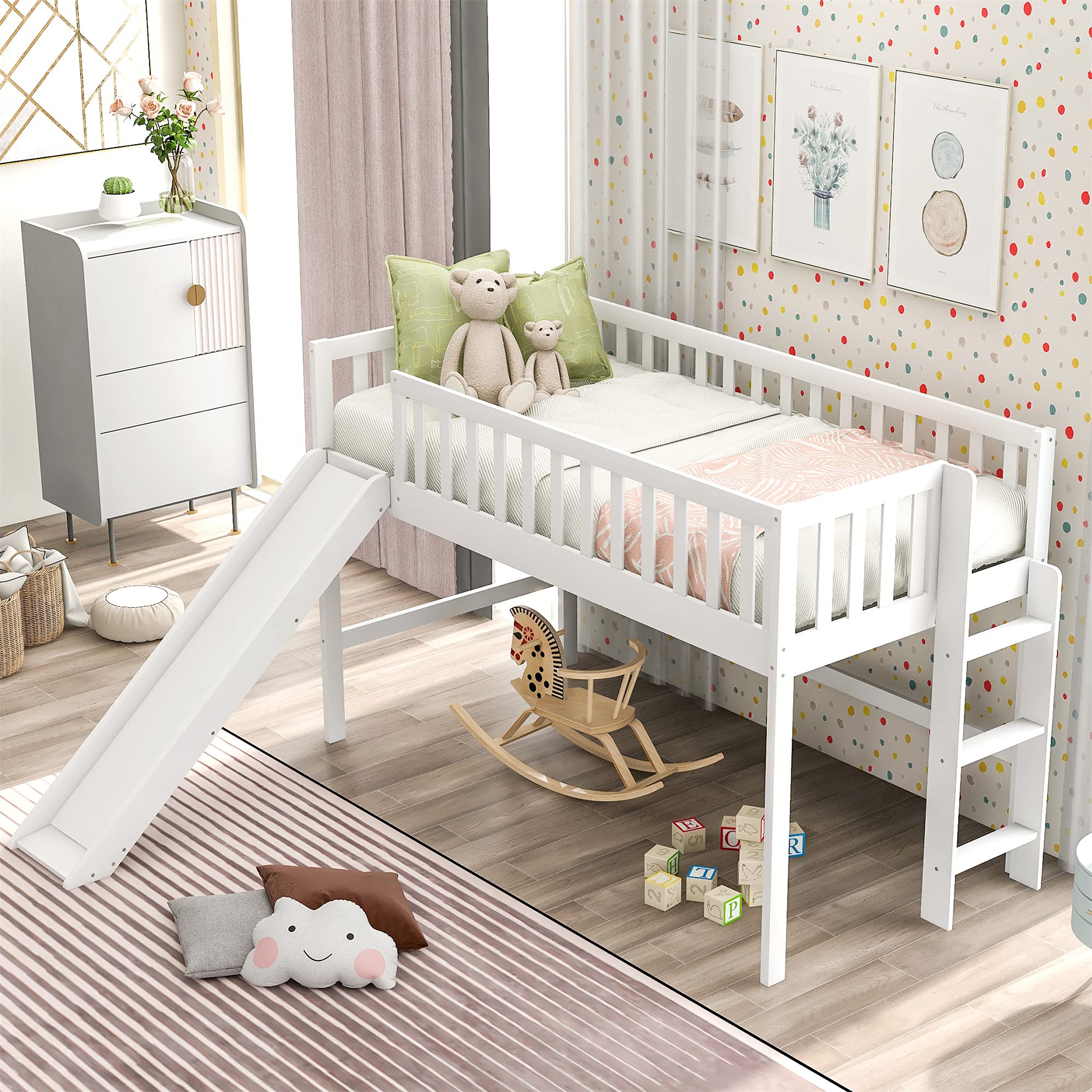 Harper & Bright Designs Twin Size Low Loft Bed with Slide, Wood Low Loft Bed for Kids, Girls, Boys (White)