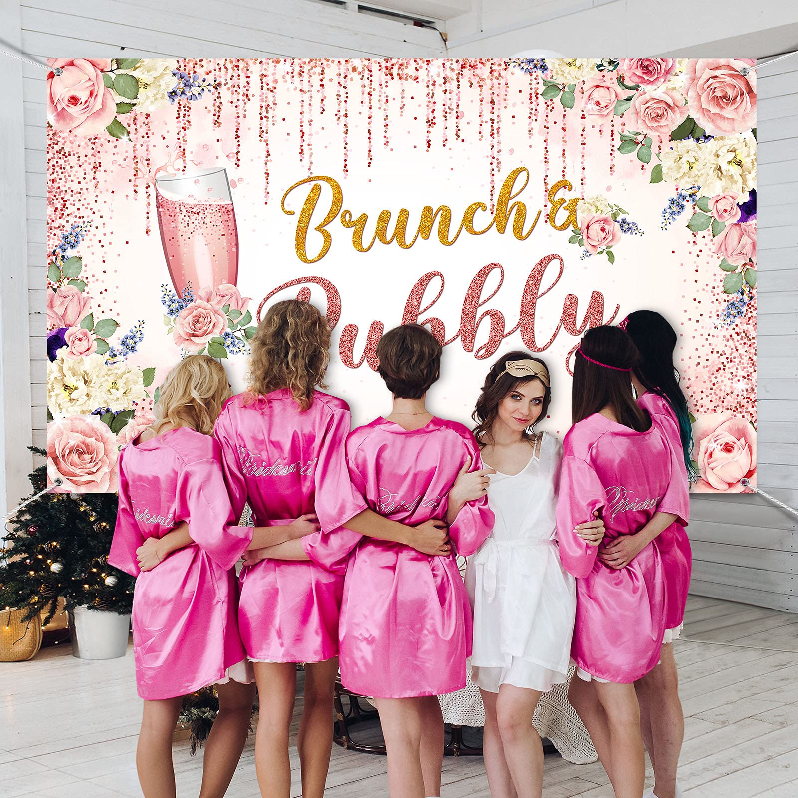 Tegeme Rose Gold Bridal Shower Brunch Backdrop Decoration 6 x 4 FT Bar Banner Pink Champagne Background for Wedding Bachelorette Birthday Party Supplies, Photo Booth Props Decor