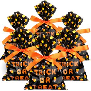 tenare 100 pcs halloween cellophane treat bags plastic goodie candy bags corn wrapped gift loot bags with 22 yards ribbon for trick treating class parties favor crafts, 6 x 9 inch