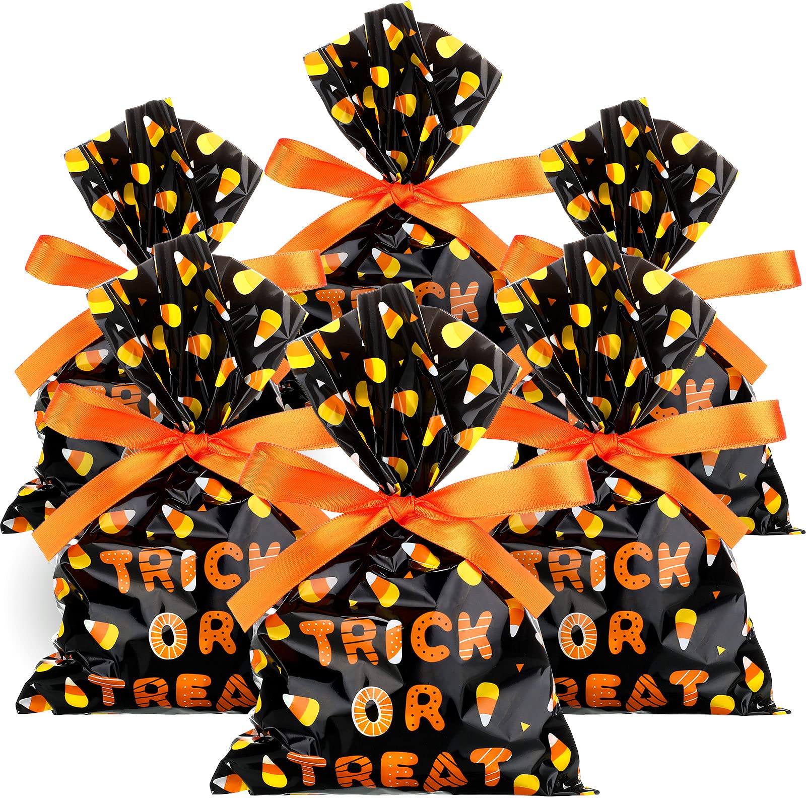 Tenare 100 Pcs Halloween Cellophane Treat Bags Plastic Goodie Candy Bags Corn Wrapped Gift Loot Bags with 22 Yards Ribbon for Trick Treating Class Parties Favor Crafts, 6 x 9 Inch