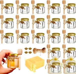 adabocute 20 pack mini honey jars with dipper - mini honey jars for baby showers & wedding gifts - gold lids, bee pendants, jutes and gift bags