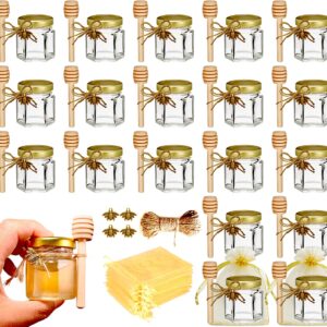 Adabocute 20 Pack Mini Honey Jars with Dipper - Mini Honey Jars for Baby Showers & Wedding Gifts - Gold Lids, Bee Pendants, Jutes and Gift Bags