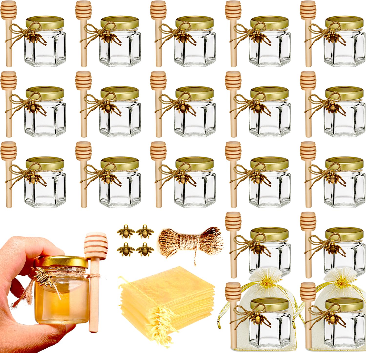 Adabocute 20 Pack Mini Honey Jars with Dipper - Mini Honey Jars for Baby Showers & Wedding Gifts - Gold Lids, Bee Pendants, Jutes and Gift Bags