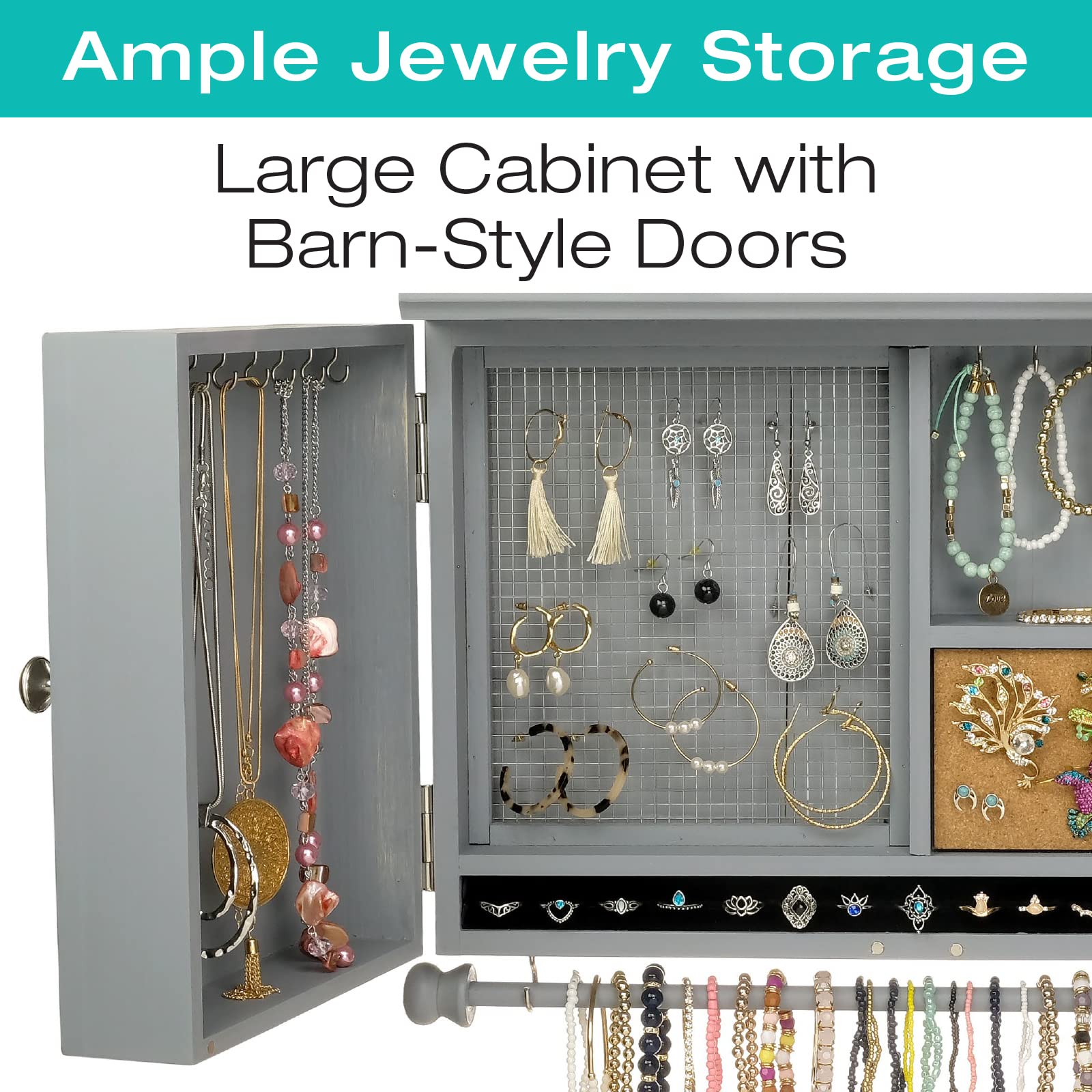 Rustic Wall Mounted Jewelry Organizer with Wooden Barndoor Decor. Jewelry holder for Necklaces, Earrings, Bracelets, Ring Holder, and Accessories. Includes hooks for hanging jewelry - Solid Gray