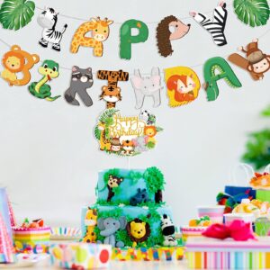 2 Pieces Safari Animals Happy Birthday Banner Cupcake Topper Jungle Theme Birthday Supplies, Safari Birthday Decorations Safari Baby Shower Decorations for Two Wild Theme Party Birthday Party Supplies