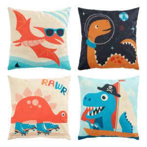 juvale 4 pack dinosaur decorative kids throw pillow cover, 4 dinosaur designs, t-rex themed, pterodactyl, triceratops, brachiosaurus (18 x 18 in)