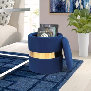 Joveco Round Velvet Storage Ottoman Set of 2 - Footrest Upholstered Footstool Side Table Seat Make Up Stool with Metal Band (Blue)