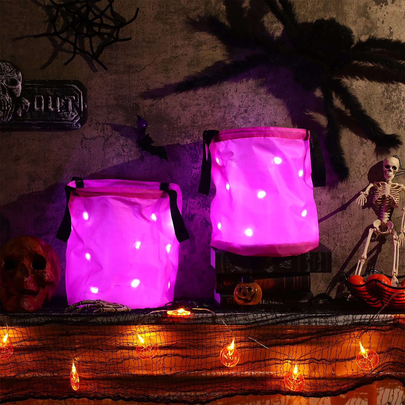 2 Pieces LED Light Halloween Candy Bags Light Up Halloween Bucket Trick or Treat Bags Light Up Candy Bags Multipurpose Reusable Goody Bucket for Halloween Supplies Favors(Pink)