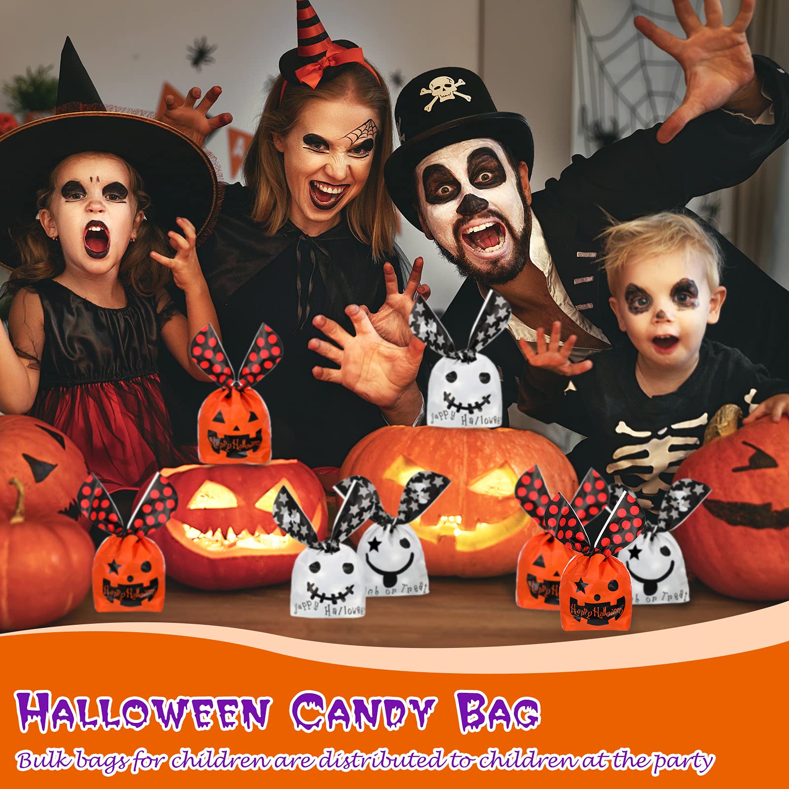 100 Pieces Halloween Plastic Bags Candy Bags Orange Pumpkin and White Ghost Trick or Treat Plastic Bags for Party Favor, Treats Snacks Halloween Party Supplies Decoration