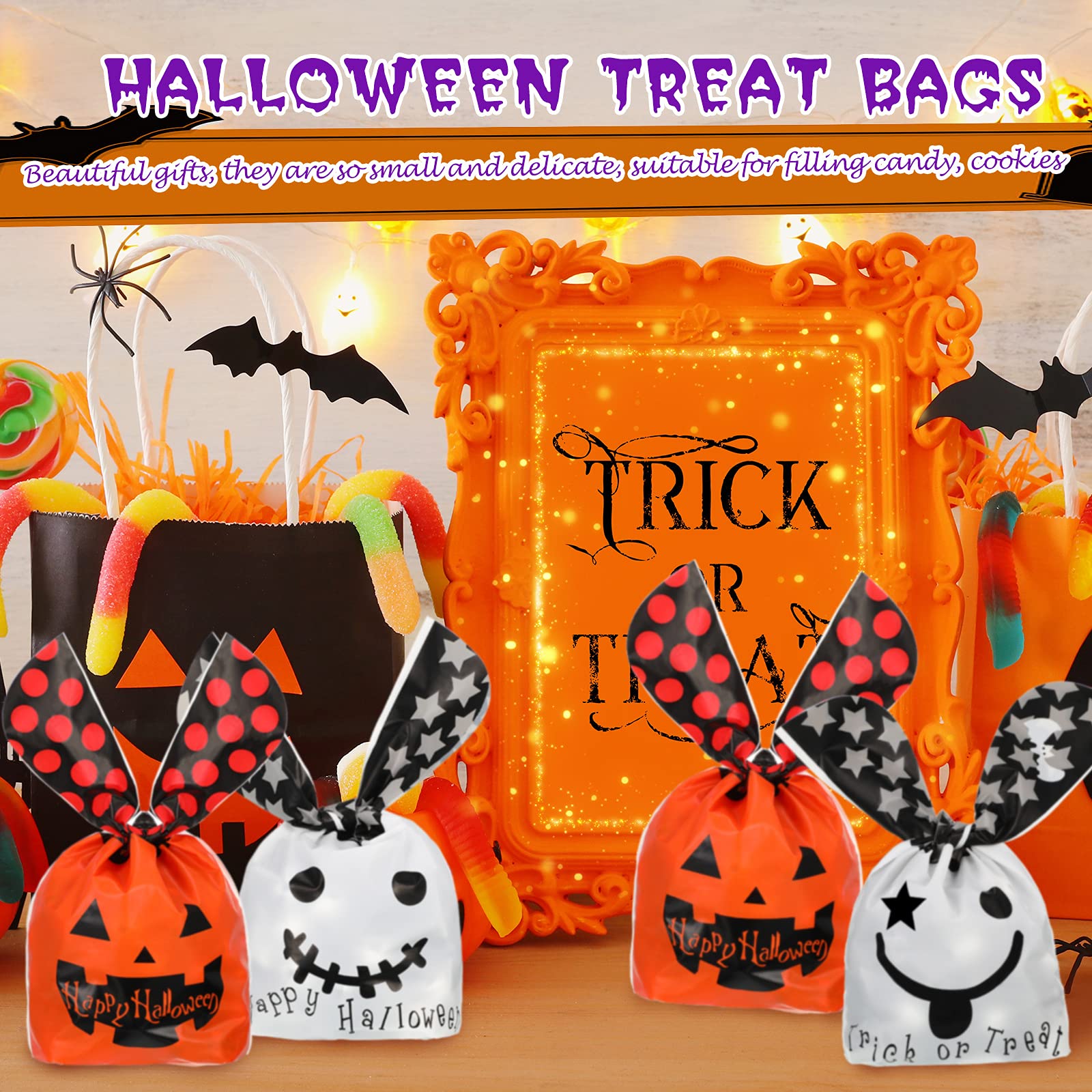 100 Pieces Halloween Plastic Bags Candy Bags Orange Pumpkin and White Ghost Trick or Treat Plastic Bags for Party Favor, Treats Snacks Halloween Party Supplies Decoration